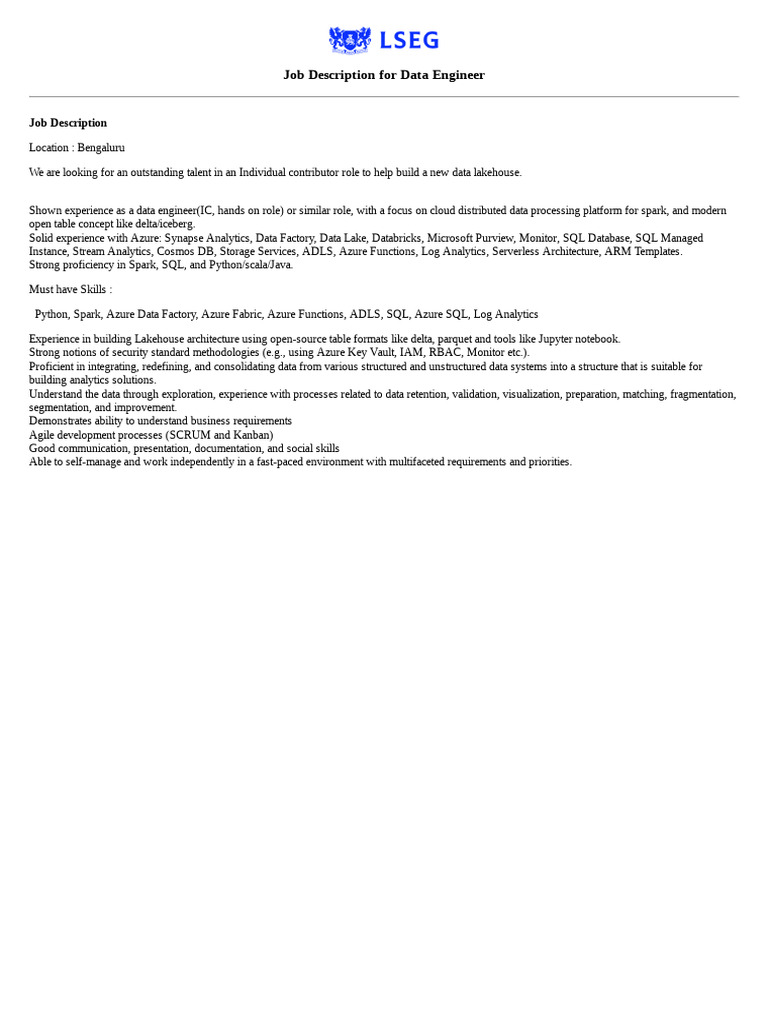Data Engineer Job Description - Bengaluru | PDF