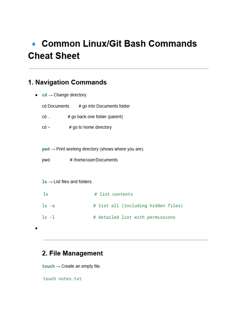? Common Linux - Git Bash Commands Cheat Sheet | PDF | Computer File | Directory (Computing)
