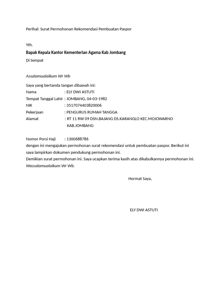Surat Permohonan Rekom Pasport ELY DWI ASTUTI | PDF