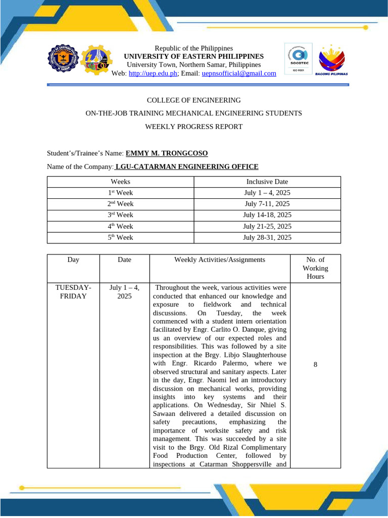 OJT - Weekly Progress Report | PDF
