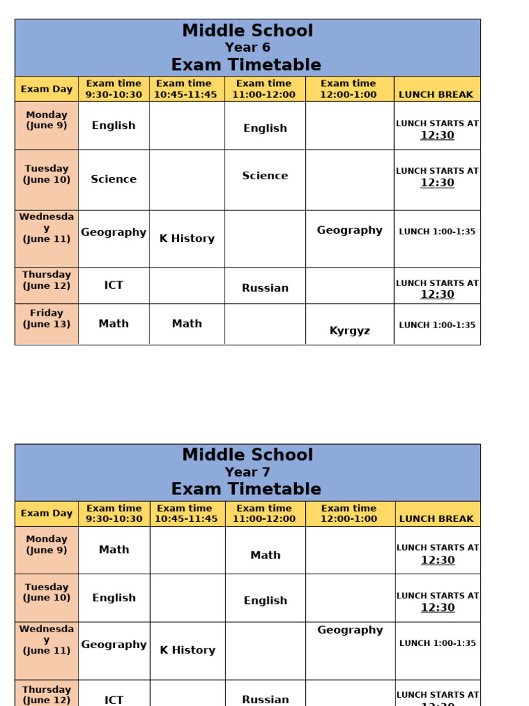 Middle School Exam Timetable 2023 | PDF