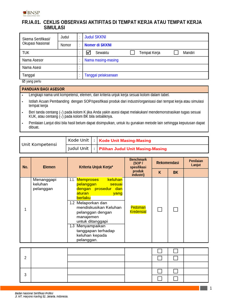 Ceklis Observasi Aktivitas Kerja | PDF