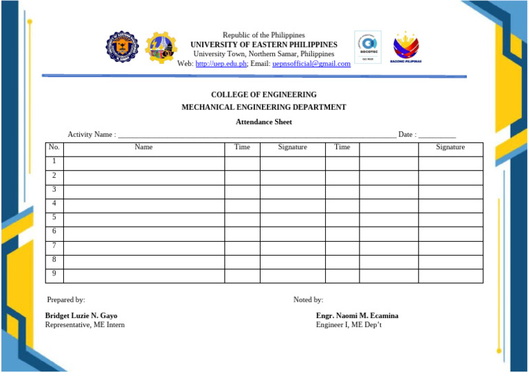 Mechanical Engineering Attendance Sheet | PDF