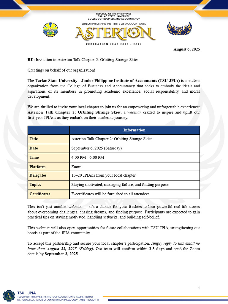 Partnership Letter Asterion Talk Ch. 2 Local Chapter | PDF