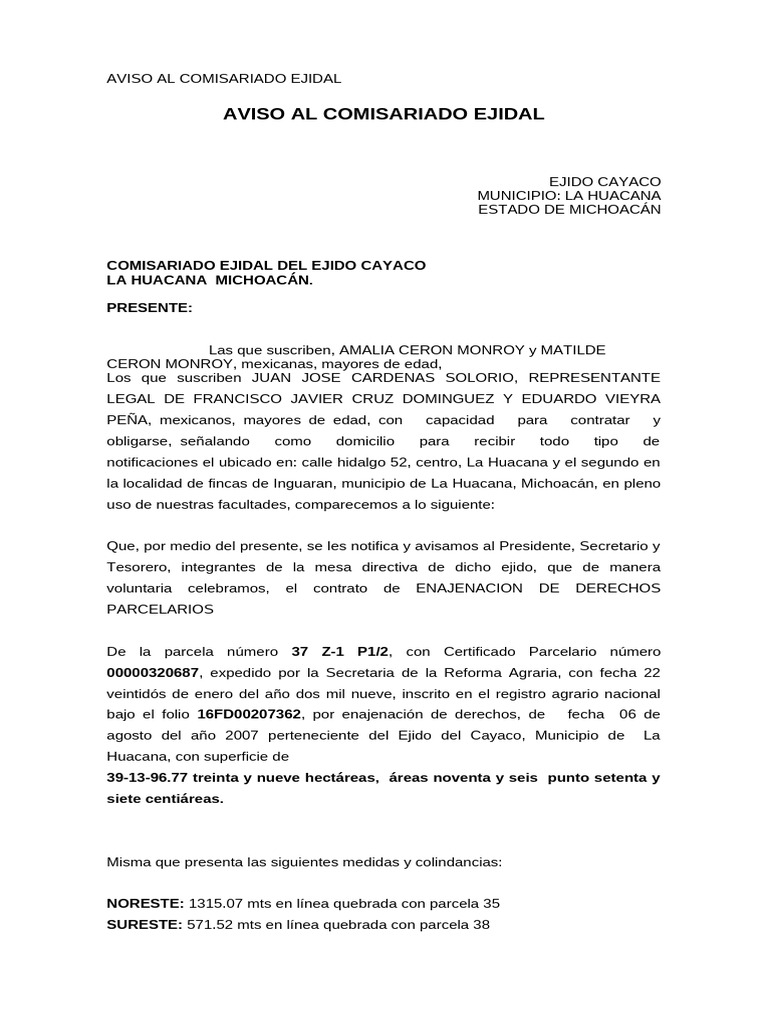 Notificación de Enajenación de Derechos Ejidales | PDF | México
