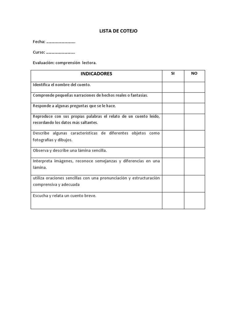 Lista de Cotejo | Lectura (proceso) | Comprensión lectora