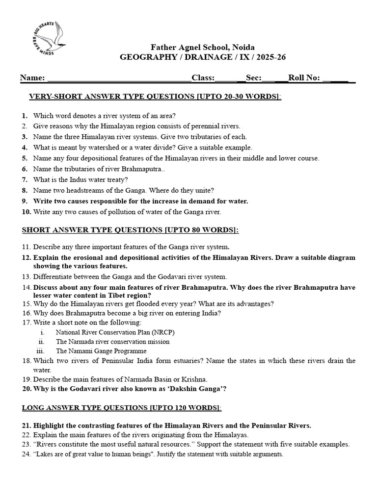 Worksheet Geo Chapter 3 Drainage - Docx 2 | PDF | Himalayas | River