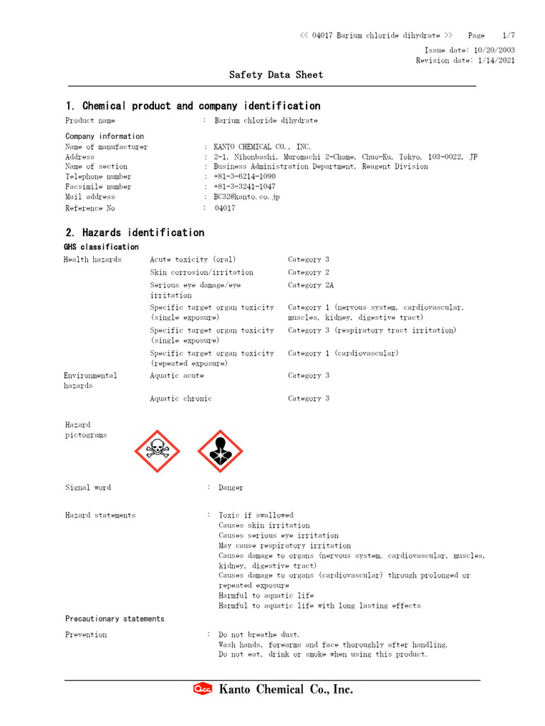Barium Chloride Dihydrate Safety Data | PDF | Toxicity