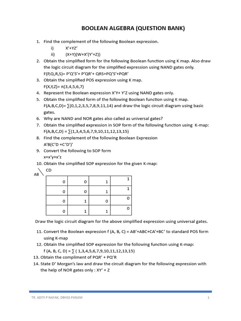 Boolean Algebra Question Bank | PDF | Boolean Algebra | Teaching ...