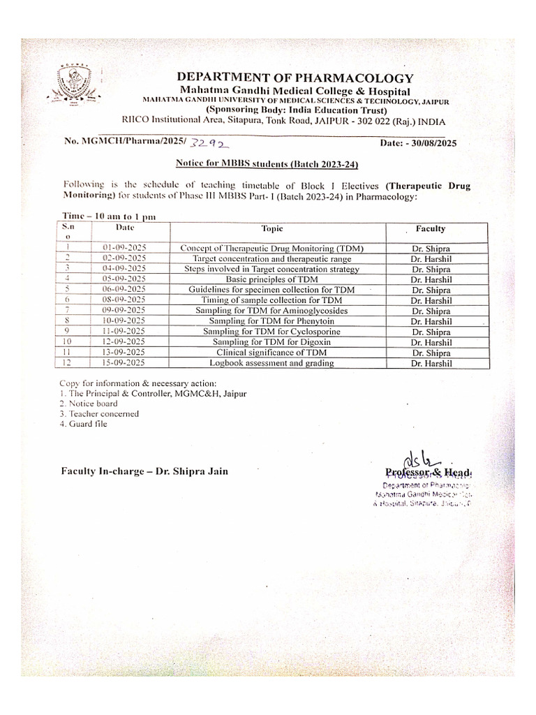 Electives Classes Time Table Batch MBBS 2023-24 Month of Sep.2025 | PDF