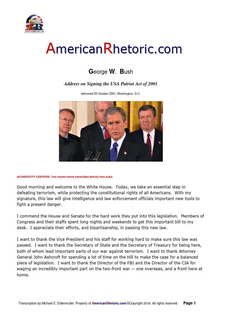 George W. Bush - Patriot Act 2001 Signing | PDF | Surveillance ...