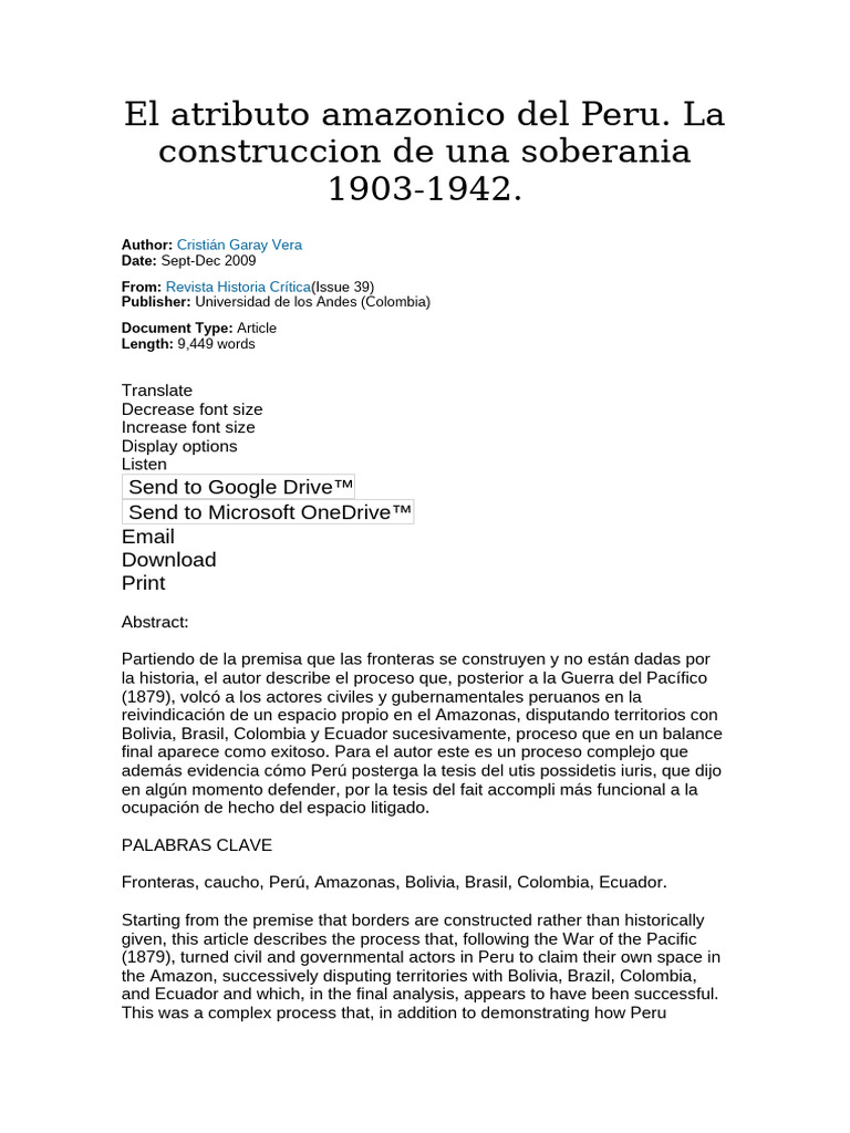 El Atributo Amazonico Del Peru Frontera Amazonica 1886-1940 | PDF | Perú | Bolivia