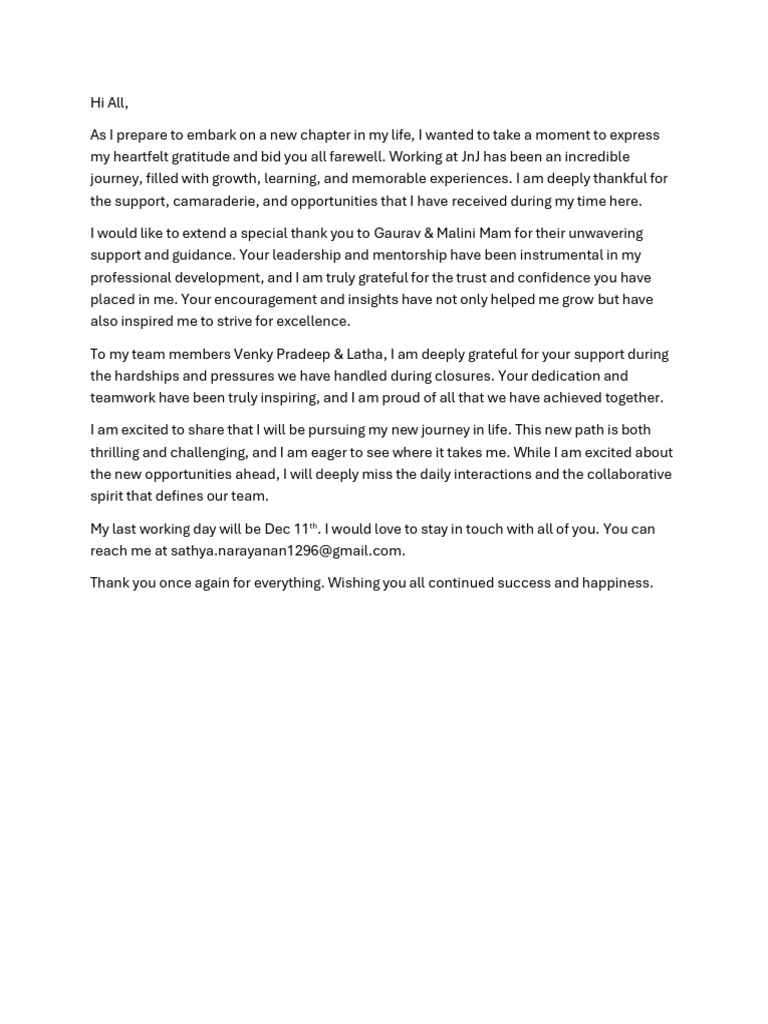 Bidding Adieu to My JnJ Team | PDF