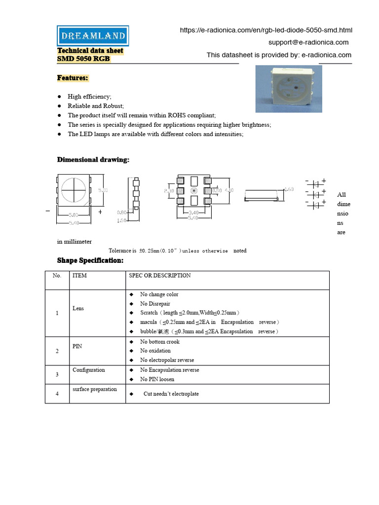 SMD 5050 RGB LED Datasheet | PDF | Rgb Color Model | Electrical Components