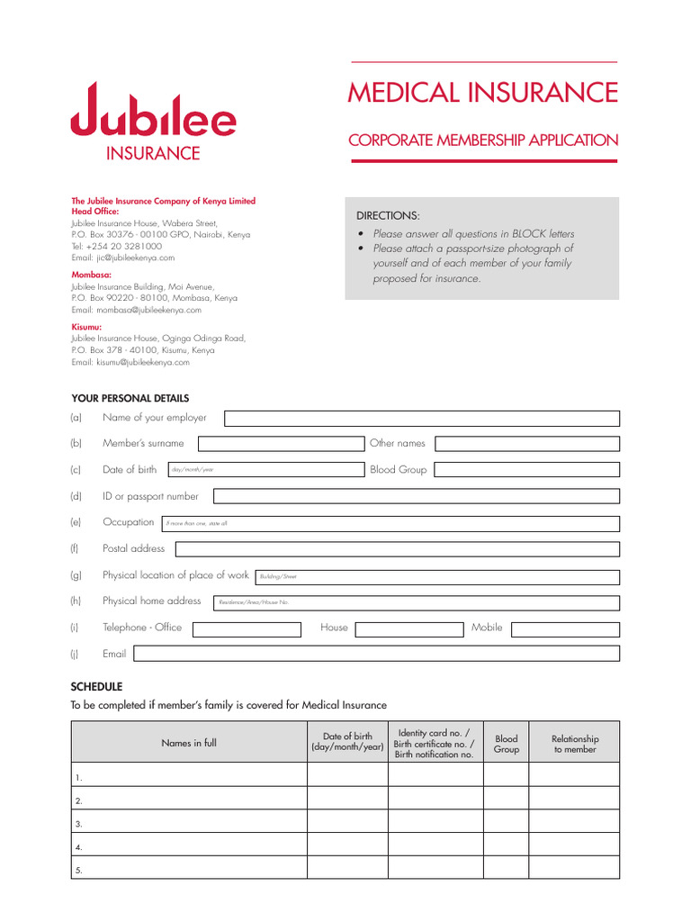 Jubilee Health Insurance Application Form | PDF | Physician | Chronic ...