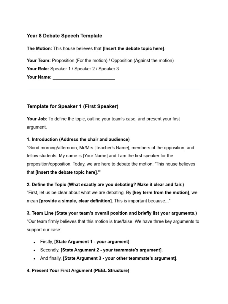Year 8 Debate Speech Guide | PDF | Argument | Evidence