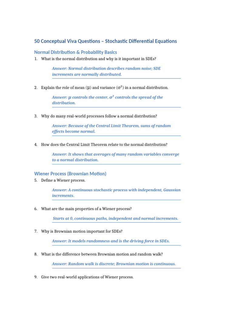 SDE Viva Questions With Answers | PDF | Stochastic Differential ...