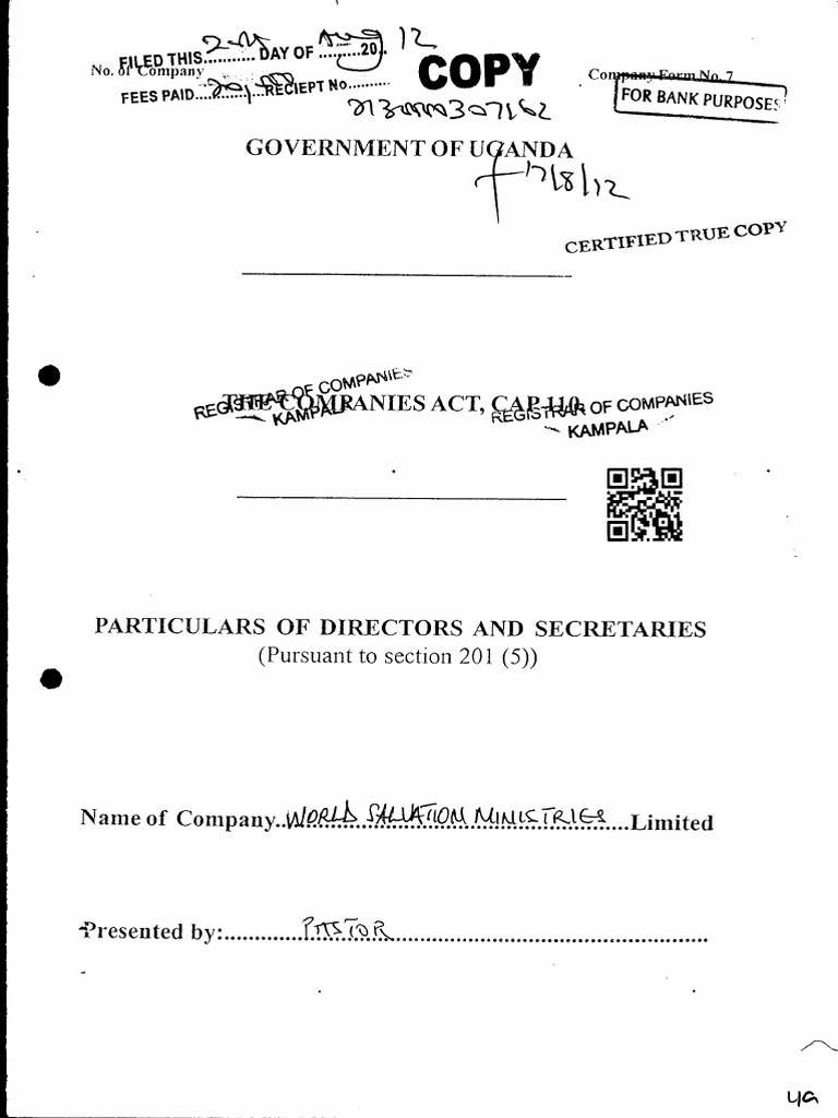 Form20-Notification of Appointment of Director and Secretary for World Salvation Ministries ...