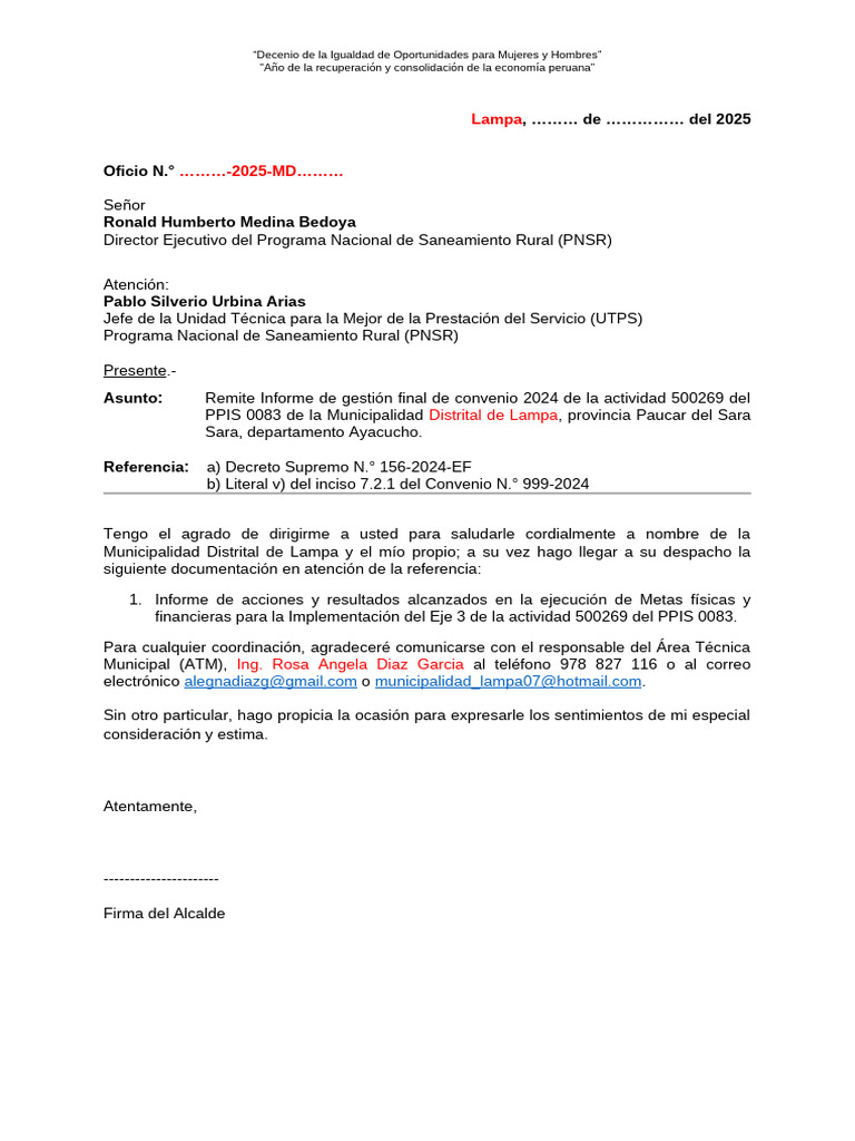 Modelo de Oficio para Remisión A PNSR Sobre Informe Final Convenio 2024 | PDF