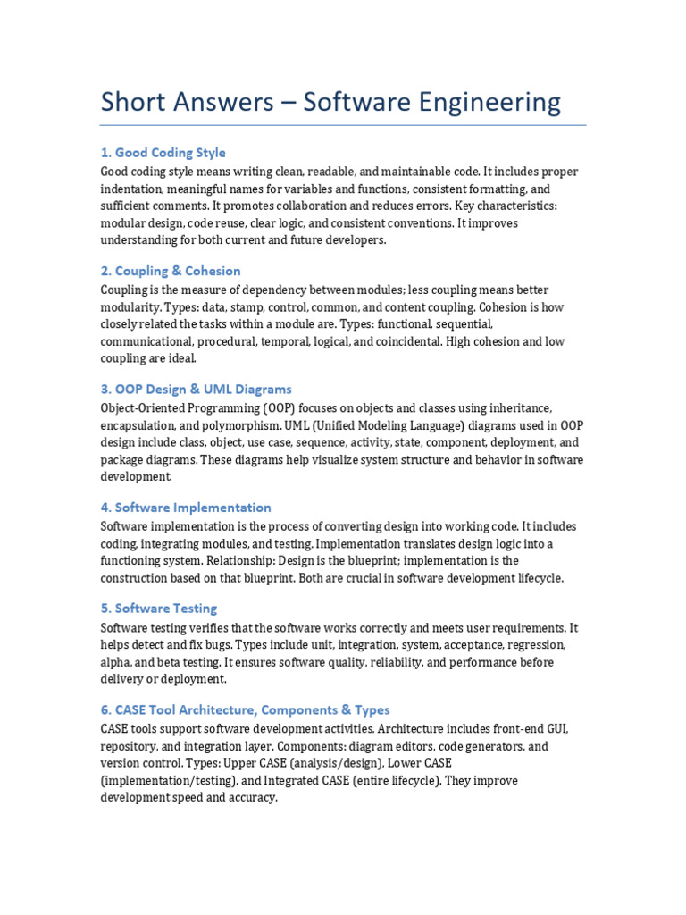 Software Engineering Short Answers 1 | PDF | Object Oriented Programming | Software Development