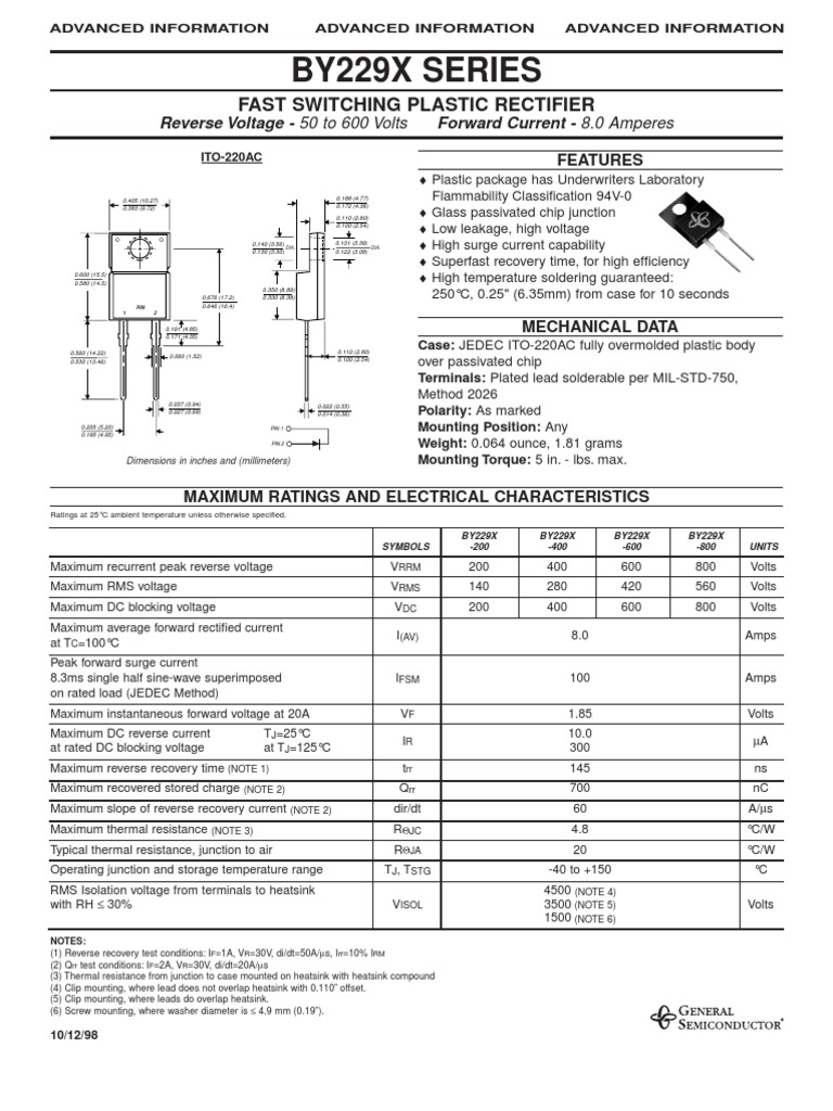 By229X Series: Fast Switching Plastic Rectifier | PDF | Rectifier | Volt