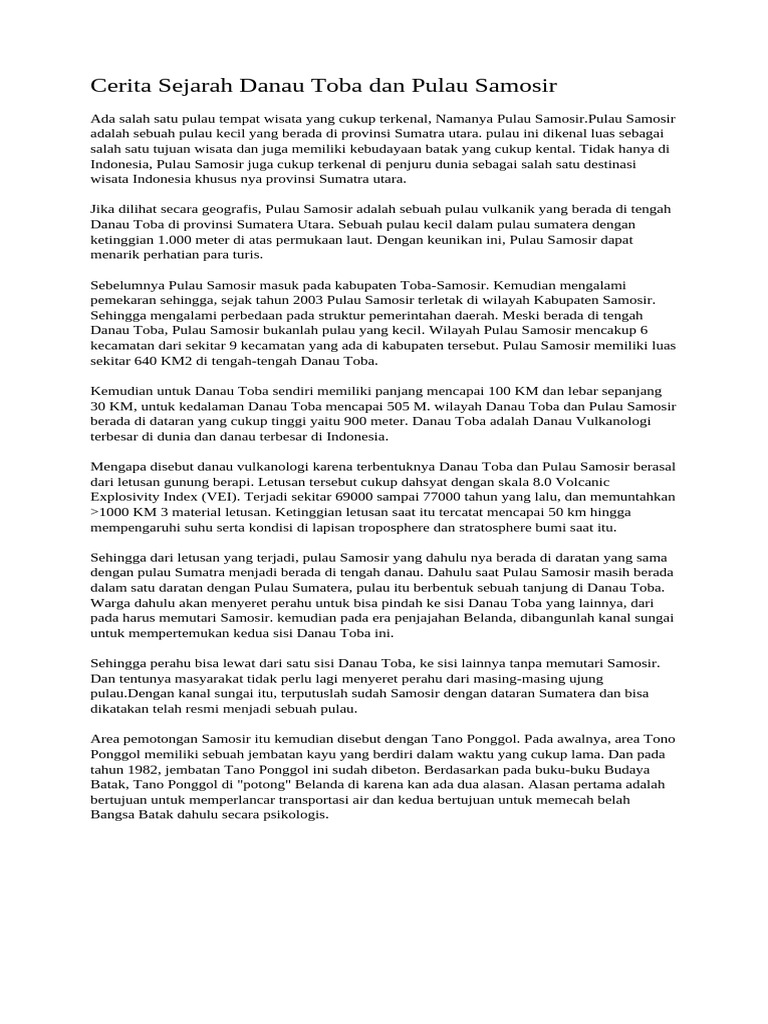 Cerita Sejarah Danau Toba Dan Pulau Samosir | PDF