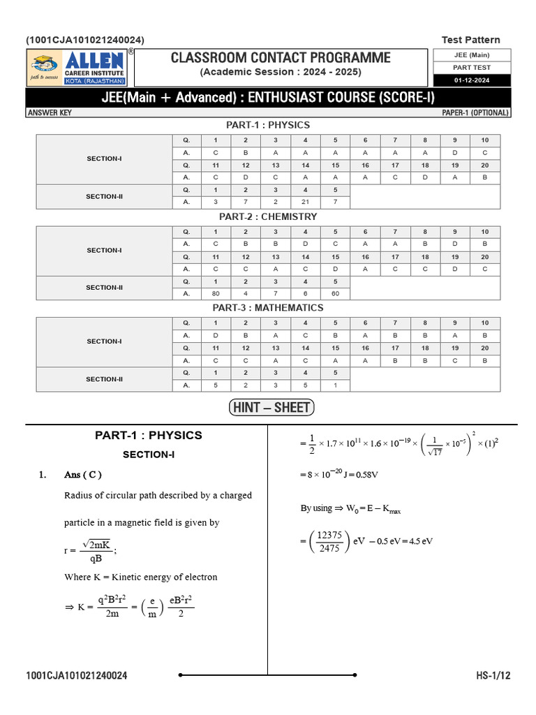 1 - 12 Mains Sol | PDF | Electronvolt | Phases Of Matter