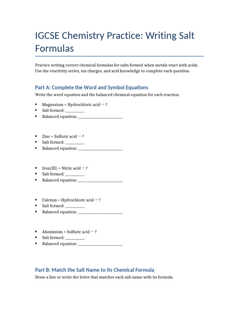 IGCSE Salt Formulas Worksheet | PDF