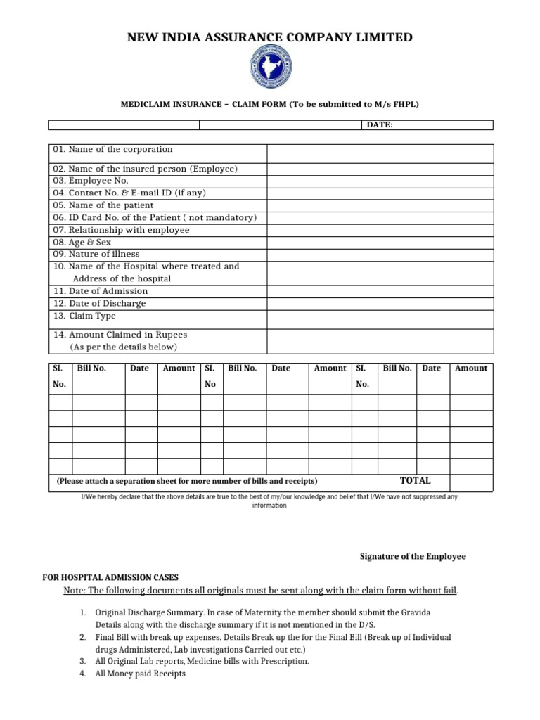 NIAC Mediclaim Insurance Claim Form | PDF