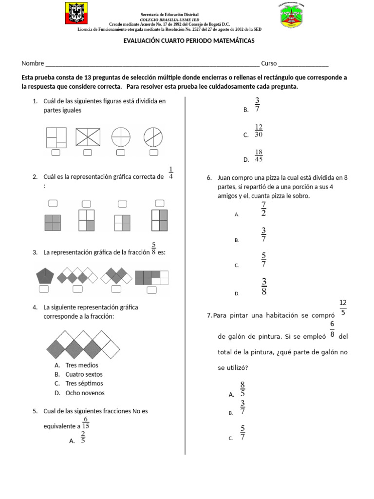 Evaluacion Cuarto Periodo Matematicas Cuarto 2023 | PDF | Matemáticas
