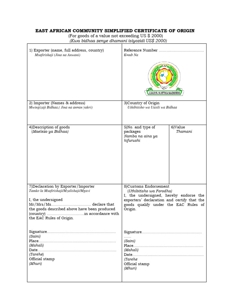 EAC Simplified Certificate of Origin | PDF