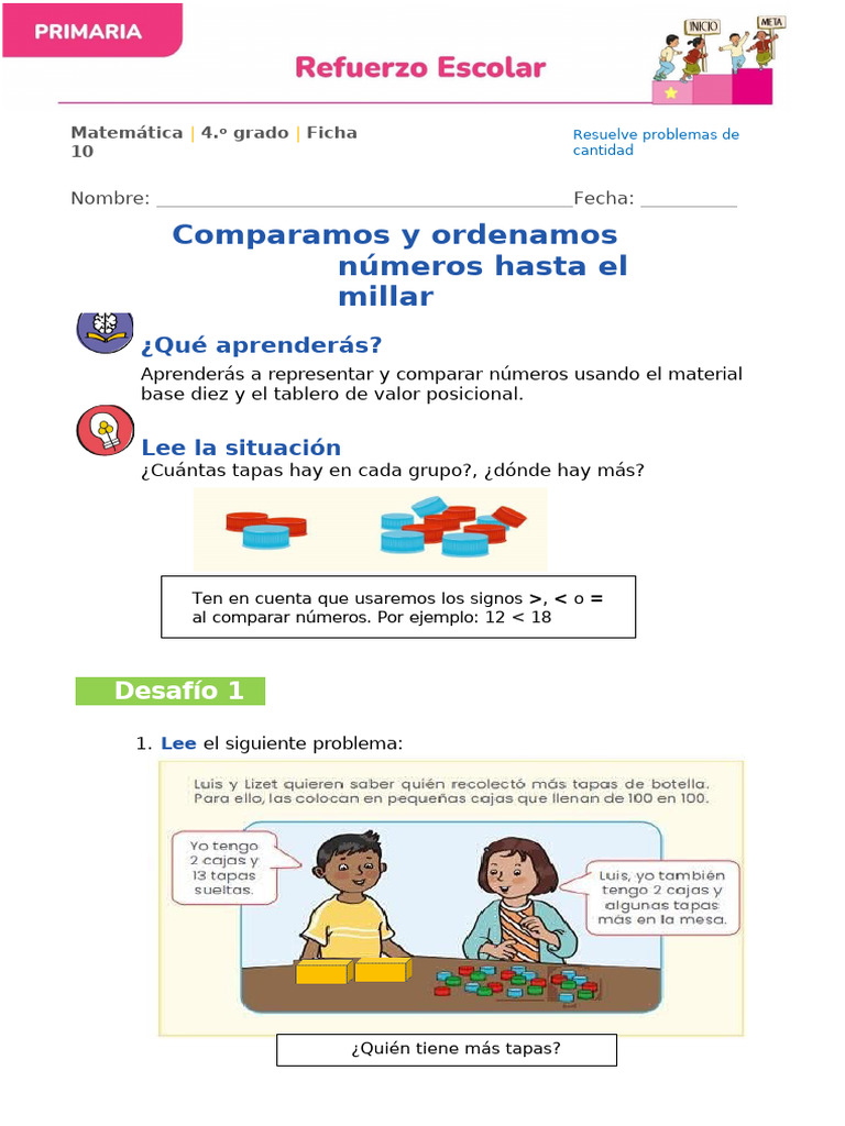 Ficha 10 Comparamos Y Ordenamos Números Hasta El Millar Pdf