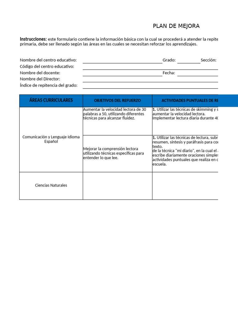 Plan de Mejora | PDF | Comprensión lectora | Pedagogía