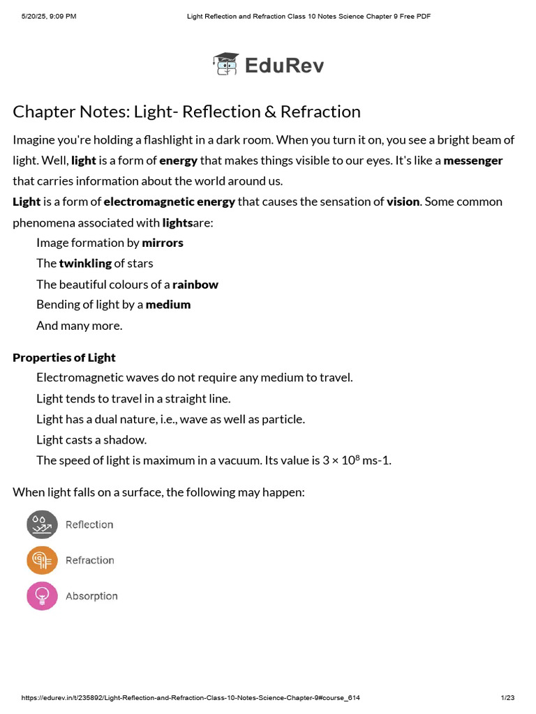 Light Reflection and Refraction Class 10 Notes Science Chapter 9 Free ...