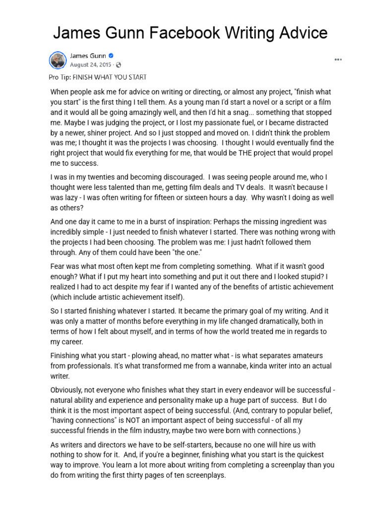 James Gunn Facebook Writing Advice | PDF