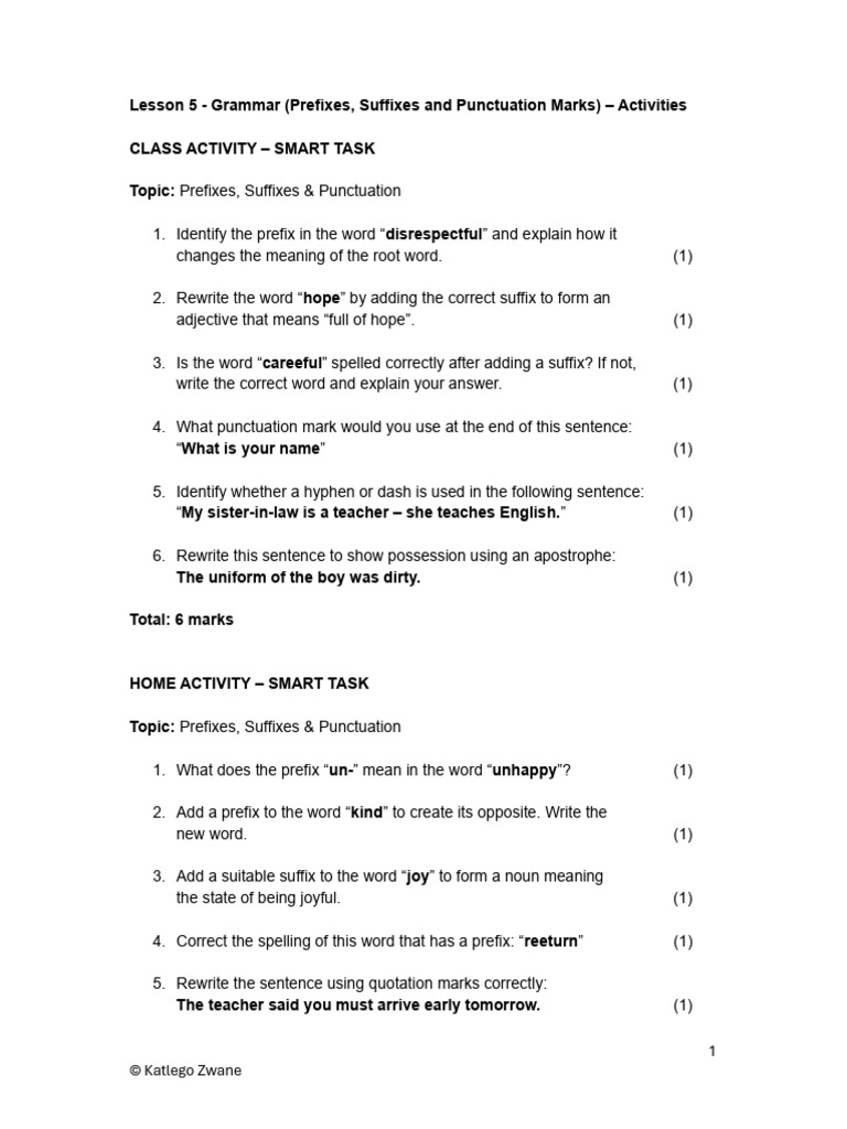 Lesson 5 - Grammar (Prefixes, Suffixes and Punctuation Marks) | PDF