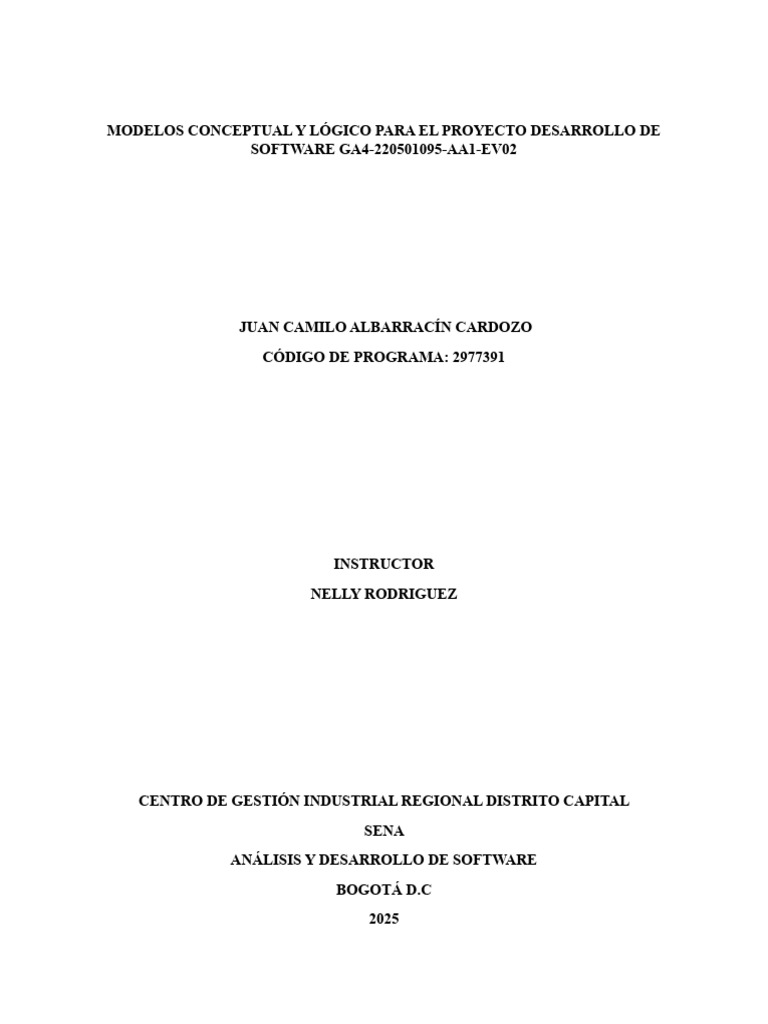 Modelos Conceptual y Lógico para El Proyecto Desarrollo de Software Ga4-220501095-Aa1-Ev0 | PDF ...