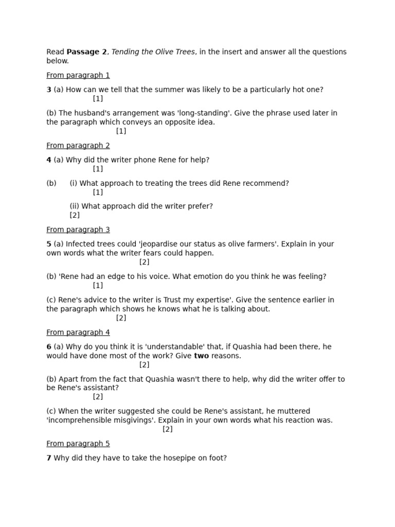 Olive Tree Care Comprehension Questions | PDF