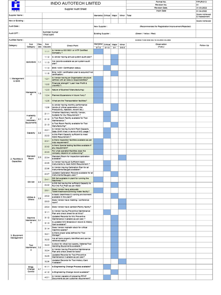 Supplier Audit Checklist for INDO Autotech | PDF | Regulatory ...