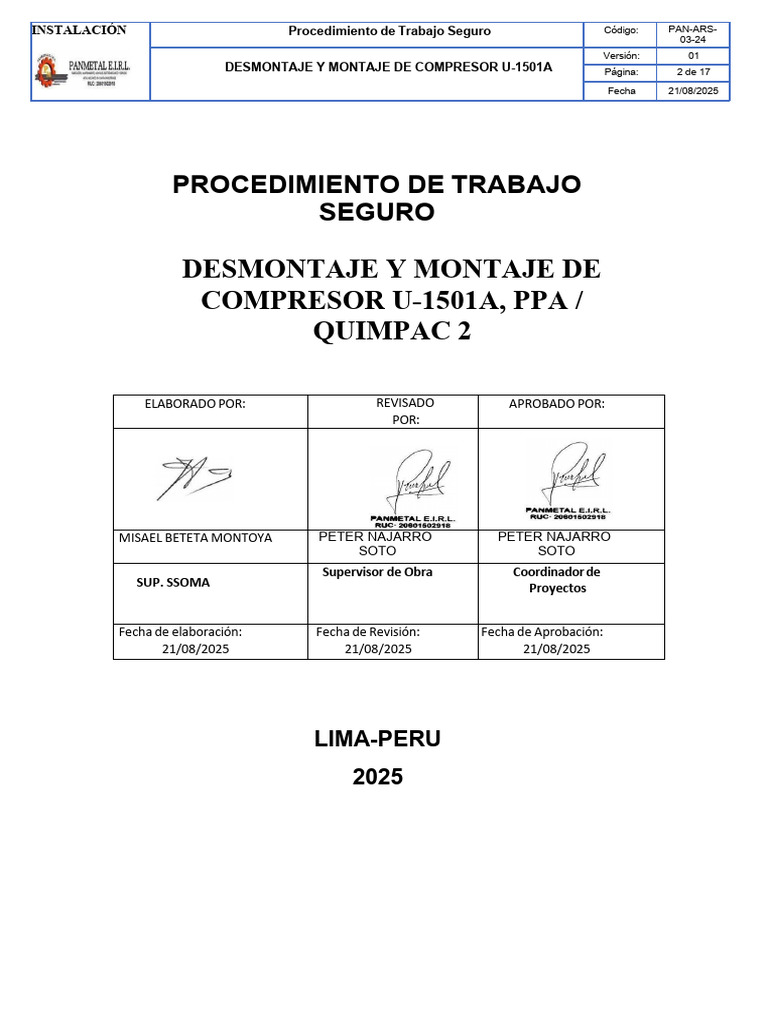 Desmontaje y Montaje de Compresor U-1501a | PDF | Seguridad y salud ...