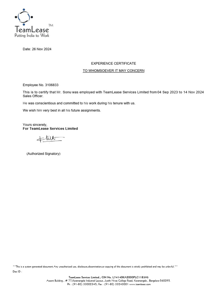 Experience Certificate for Sales Officer | PDF