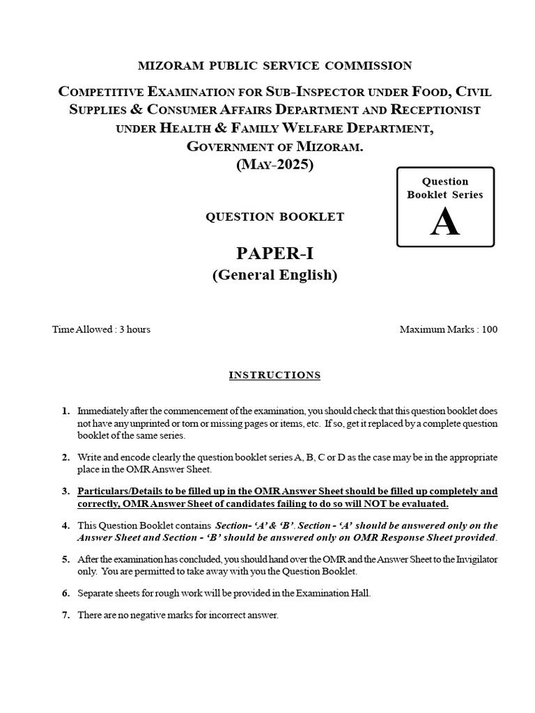 Mizoram PSC Sub-Inspector Exam Paper 1 | PDF | Physical Fitness ...