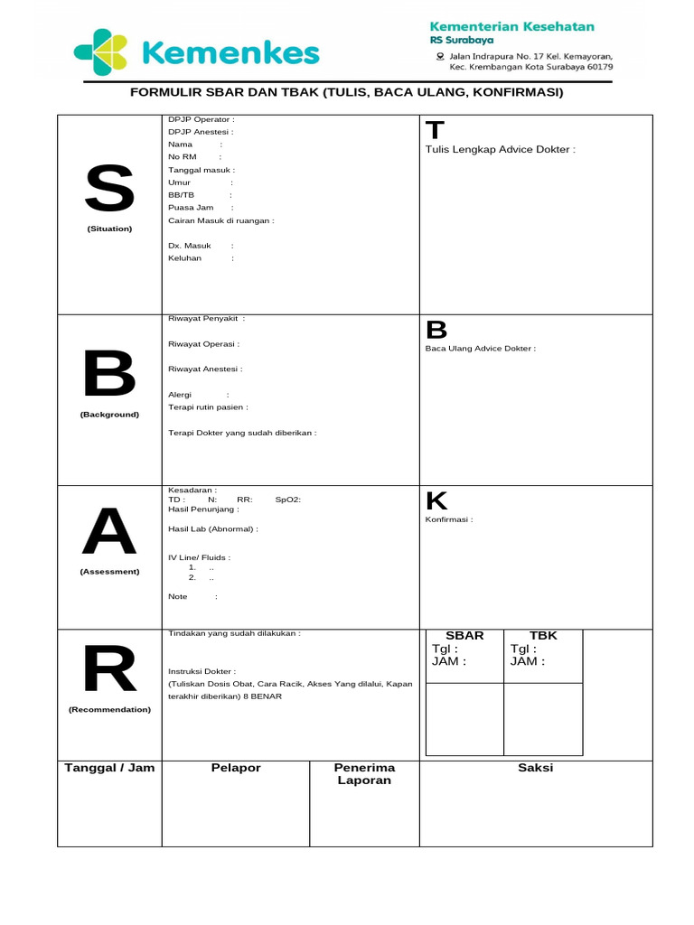 Formulir SBAR dan TBAK untuk Anestesi | PDF