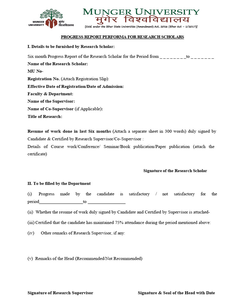 Research Scholar Progress Report Form | PDF