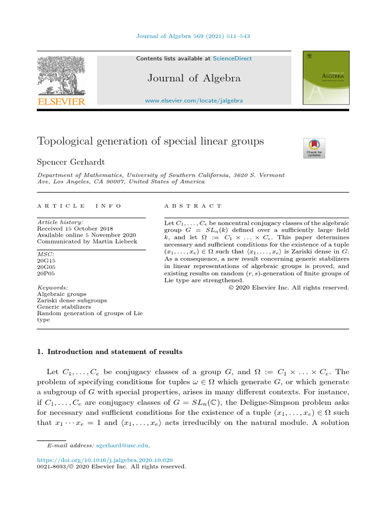 Topological Generation of Special Linear Groups | PDF | Field ...