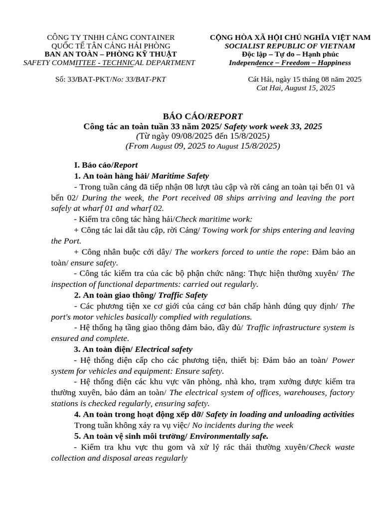 Weekly Report - Labor Safety 33- Báo Cáo an Toàn Lao Động Tuần 33 | PDF