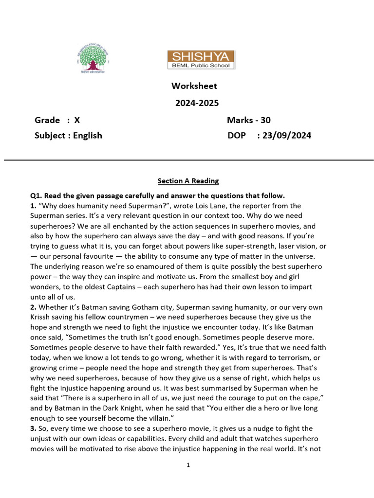 English Worksheet Class X | PDF | Superman | Batman