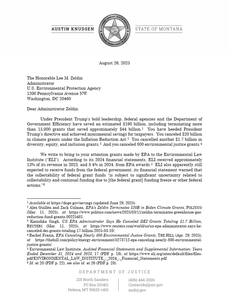 Ag Letter To Epa Re Eli Grants 8.26.25 Final | PDF | United States ...