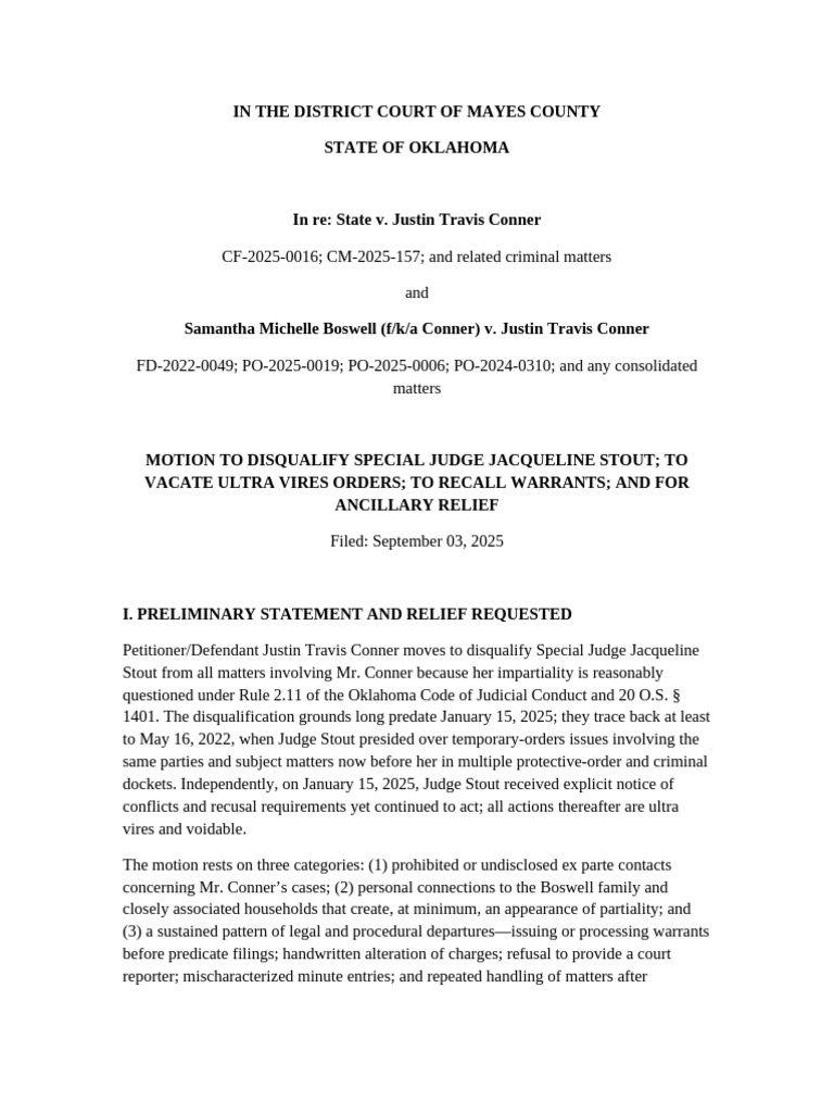 2025 - 0903 Motion - To - Disqualify - Stout - INTEGRATED | PDF | Judiciaries | Common Law