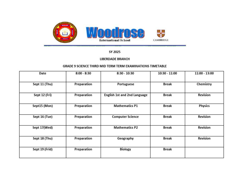 GRADE - 9 - SCIENCE 3rd Mid Term Exam Timetable | PDF